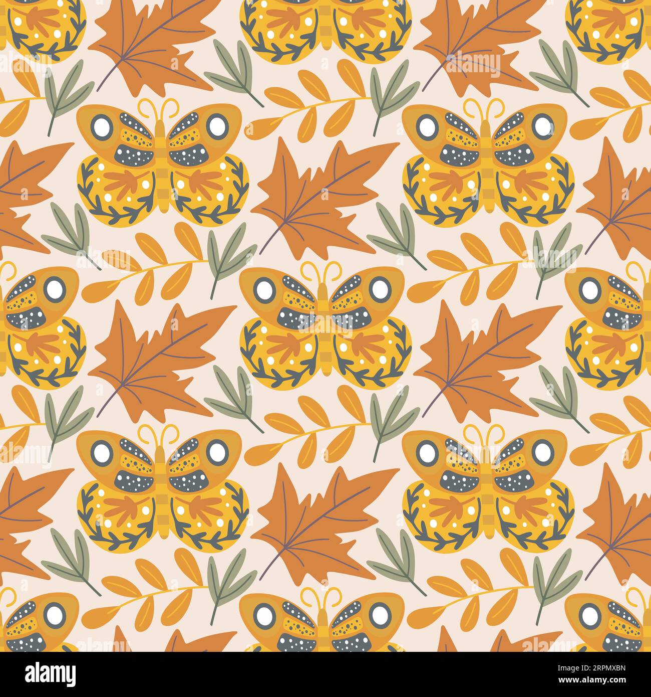 Autumn butterflies and maple leaves seamless pattern. Fall leaf ...