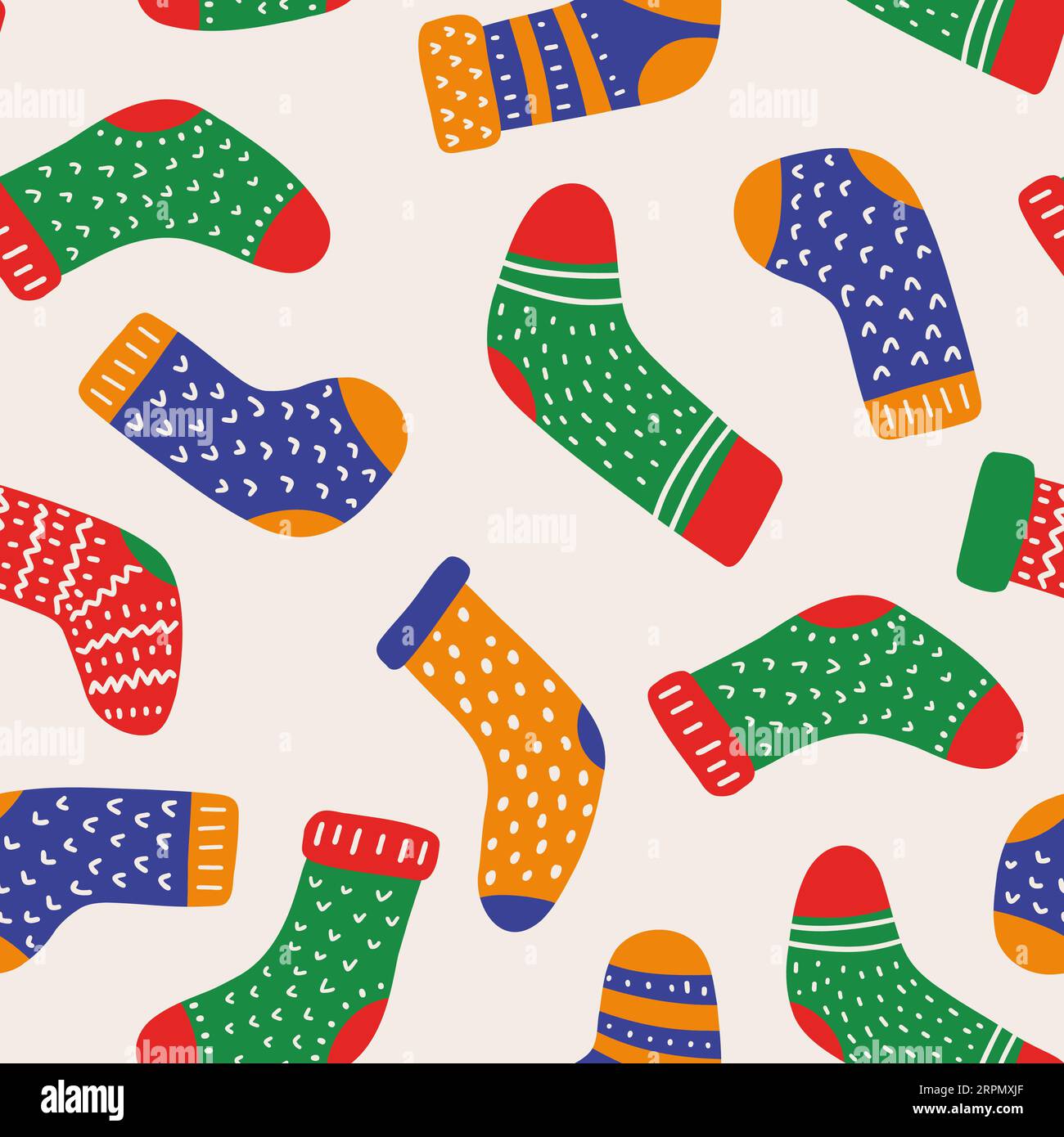 Christmas sock flat vector seamless pattern. Funny new year, winter holiday themed texture. Xmas ...