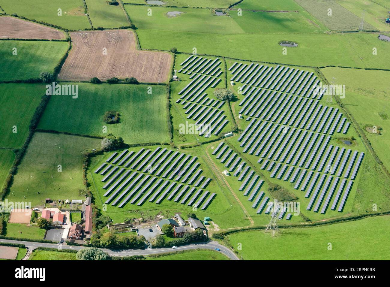 An aerial view of a solar farm, on the Fylde east of Blackpool, north ...