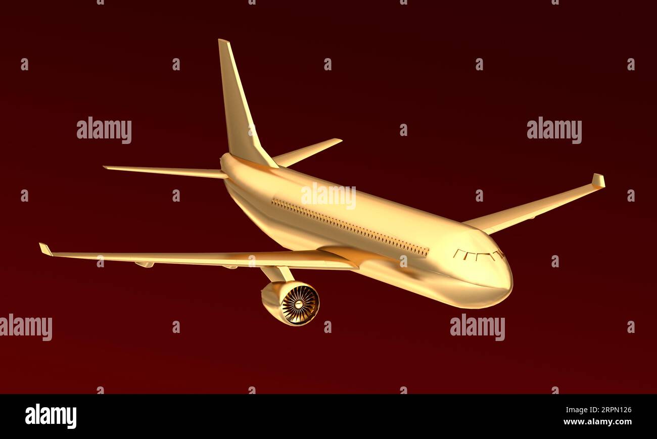 Golden airplane isolated on black background. Expensive travel concept ...