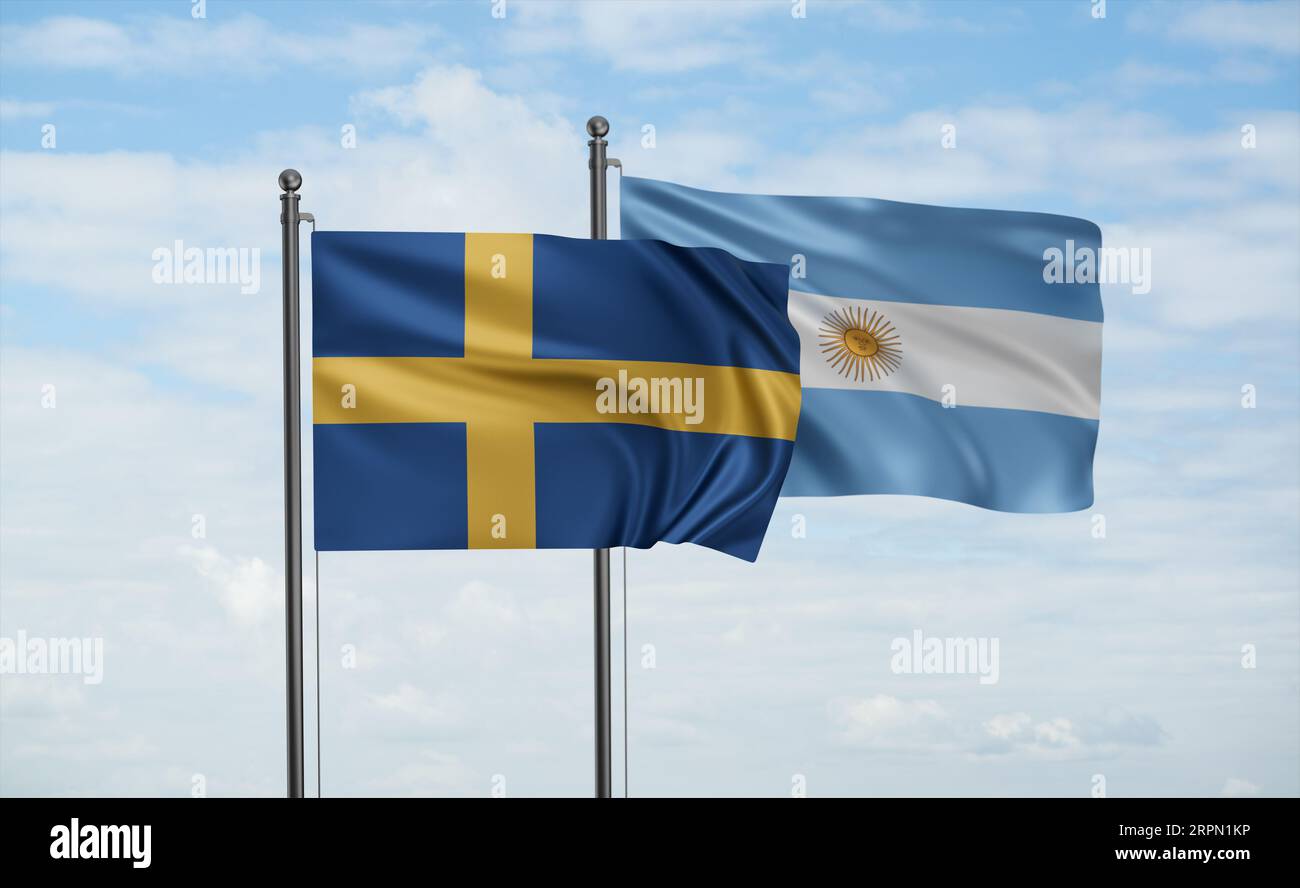 Argentina flag and Sweden flag waving together on blue sky, two country ...