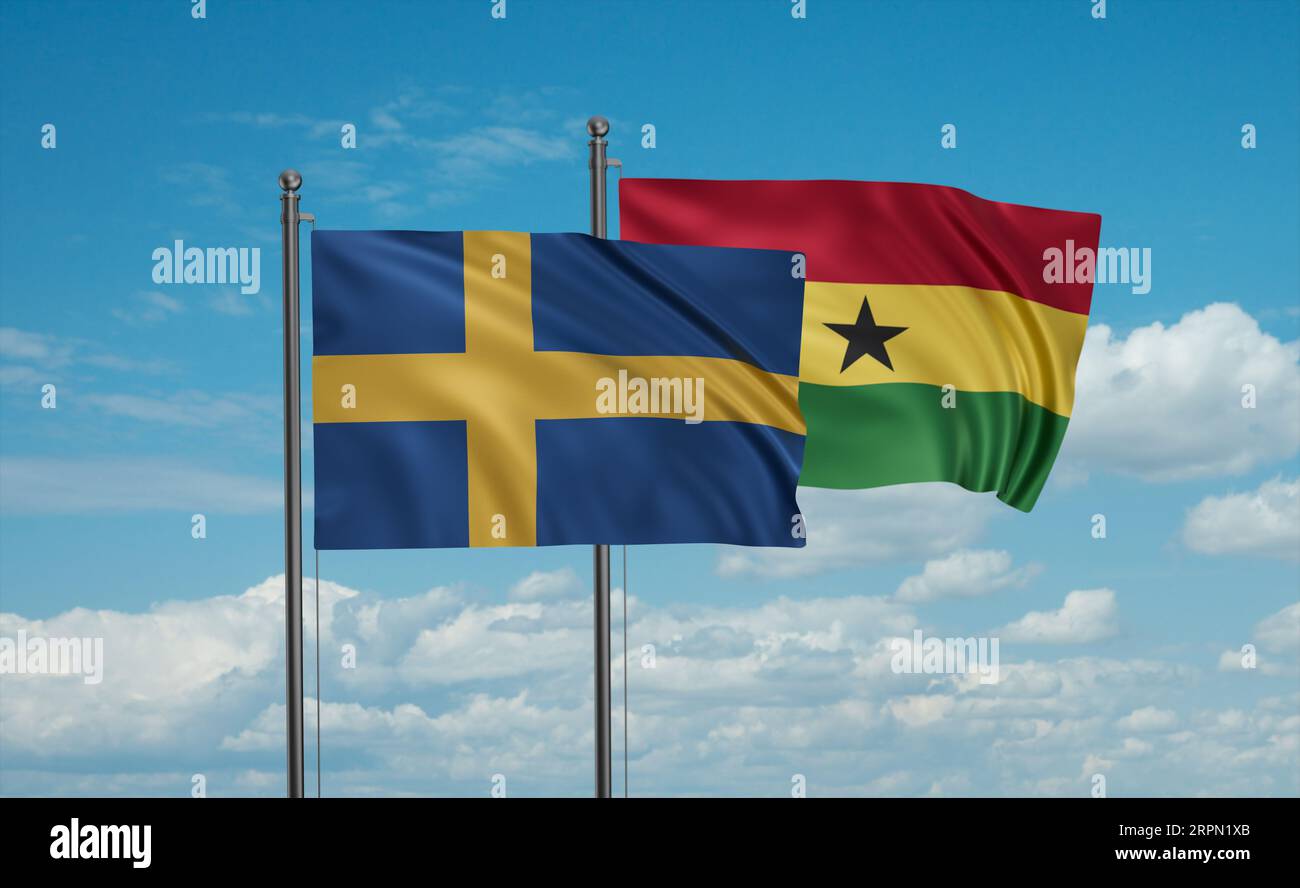 Ghana flag and Sweden flag waving together on blue sky, two country ...