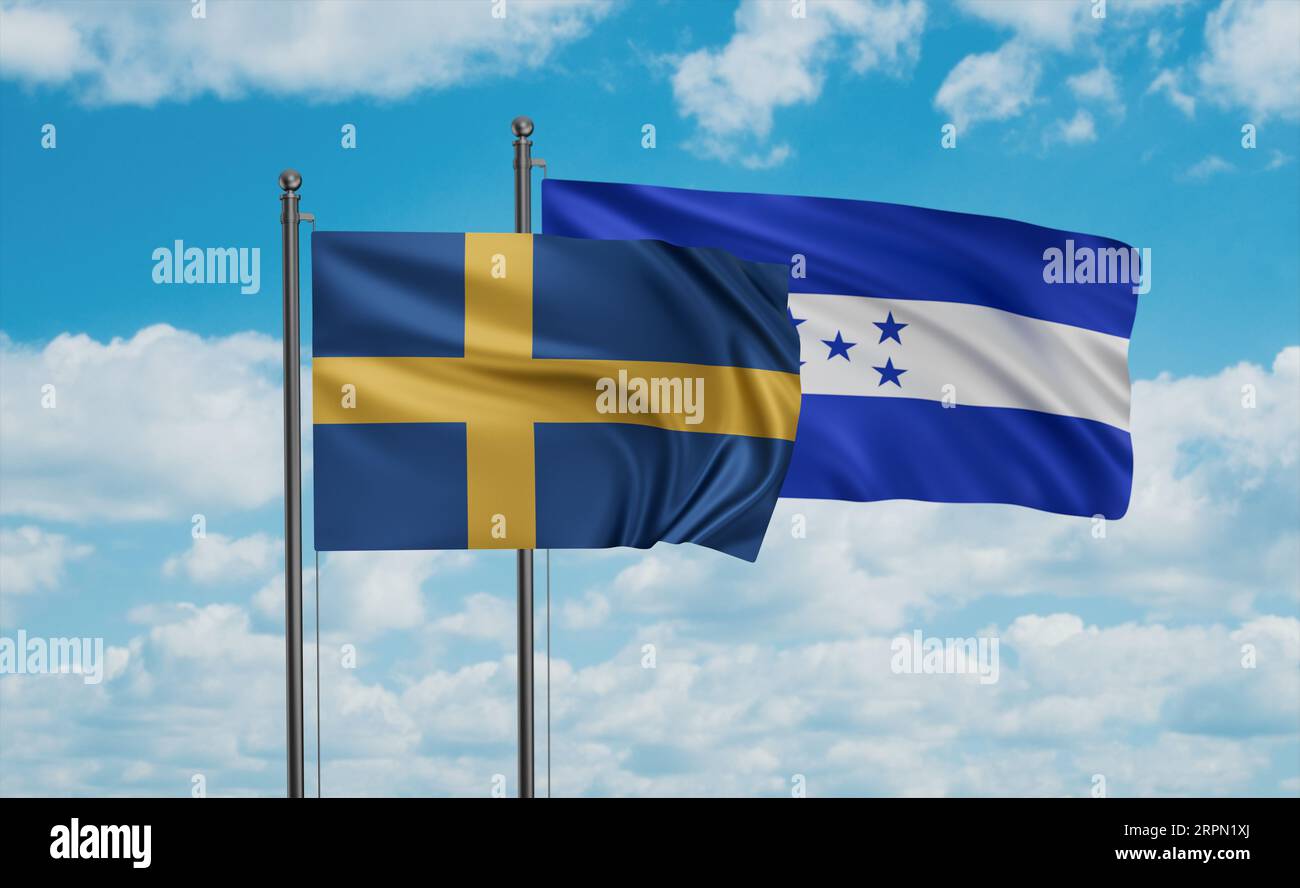 Honduras and Sweden flag waving together in the wind on blue sky, two ...