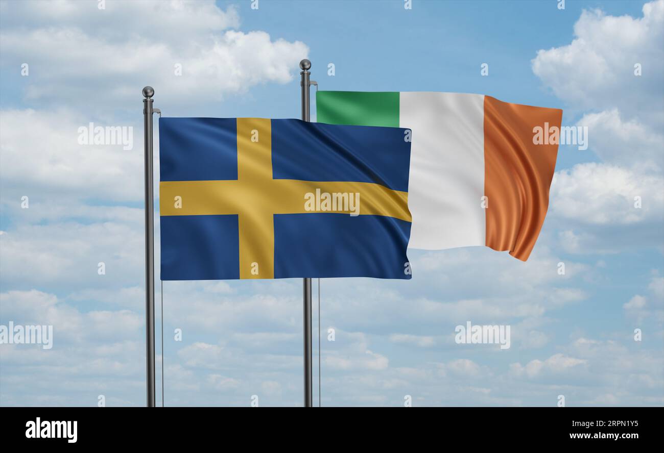 Ireland and Sweden flag waving together in the wind on blue sky, two ...
