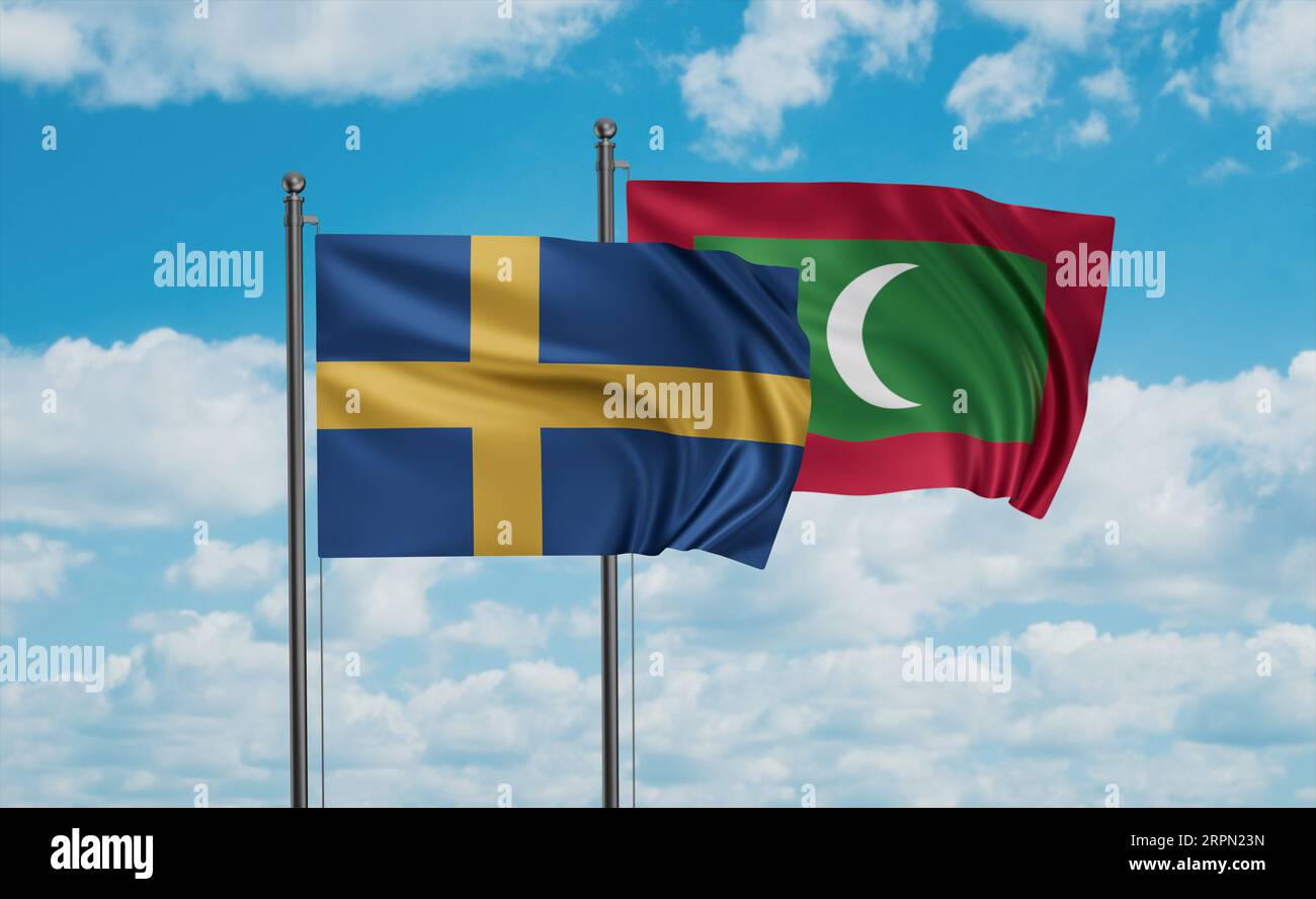 Maldives flag and Sweden flag waving together on blue sky, two country cooperation concept Stock ...