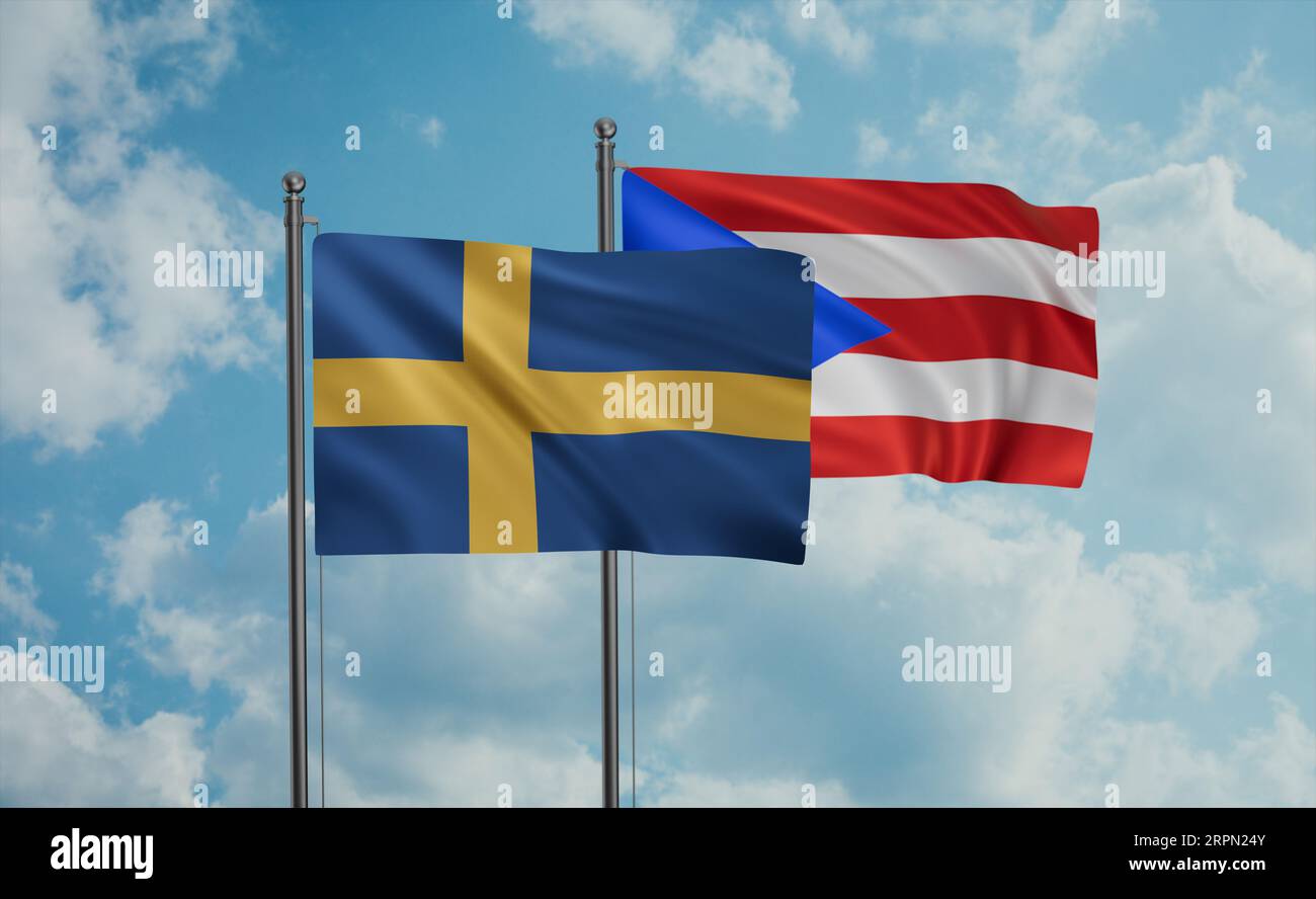 Puerto Rico and Sweden flag waving together in the wind on blue sky ...