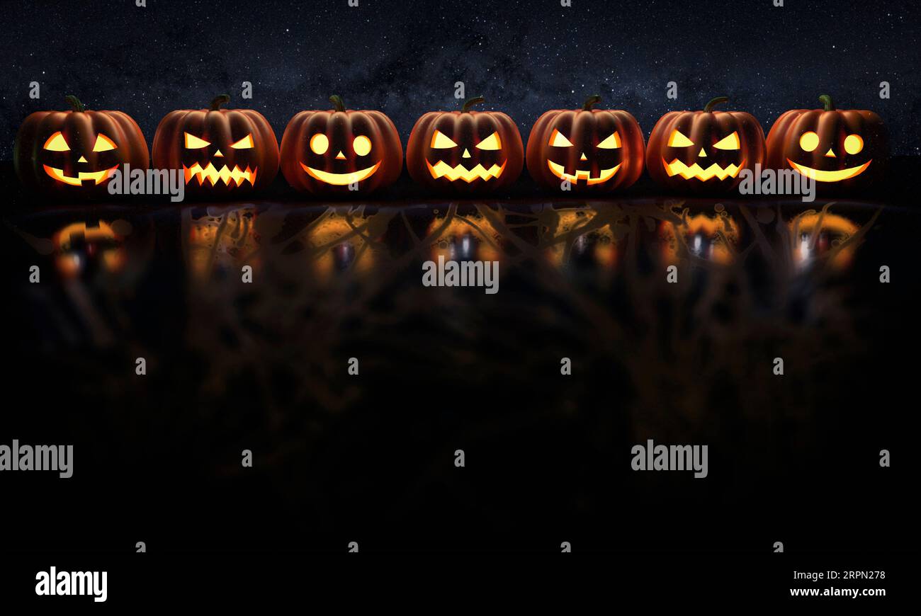 Many Halloween Pumpkins glowing faces in a row on stars. 3d rendering ...