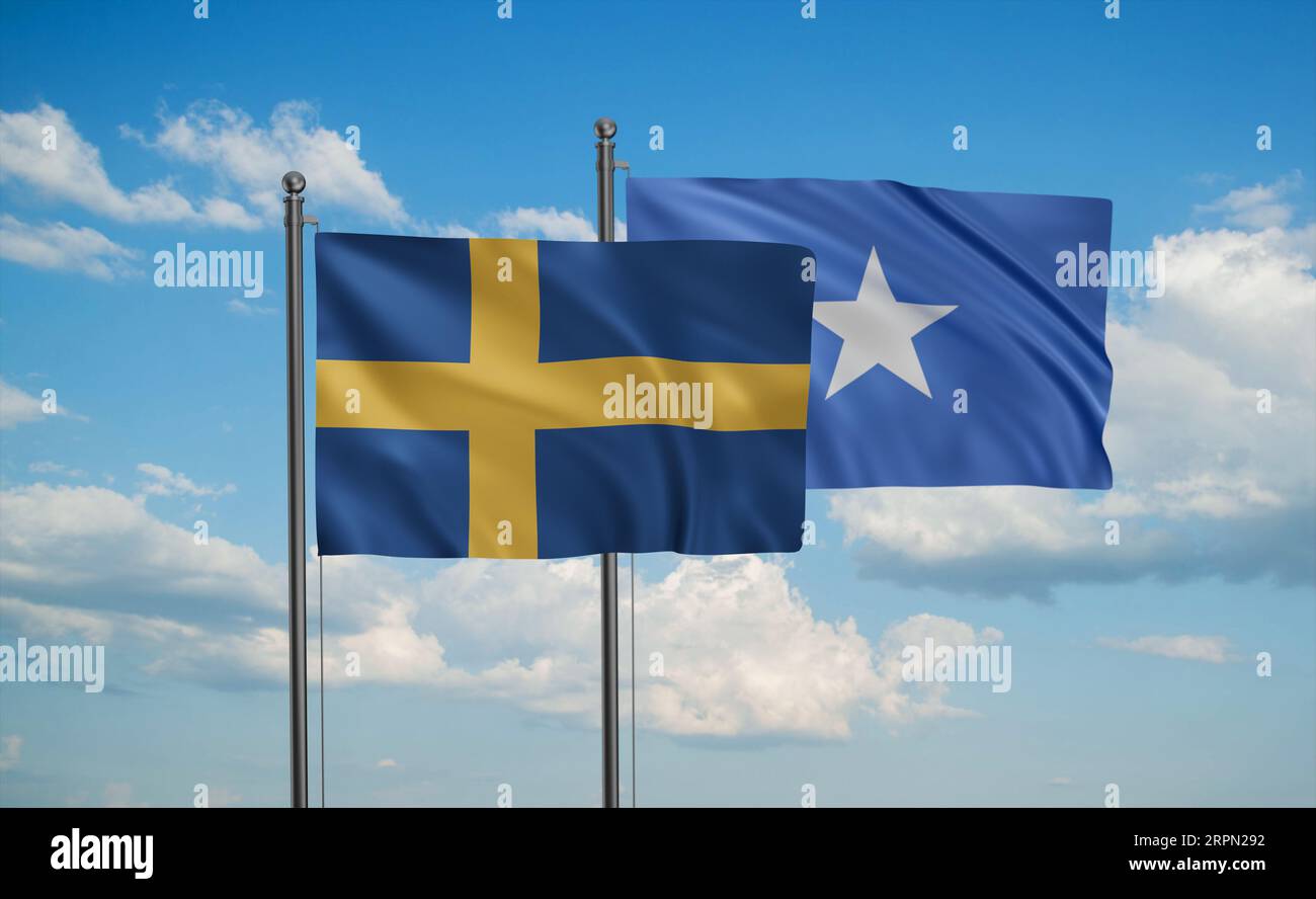 Somalia and Sweden flag waving together in the wind on blue sky, two ...