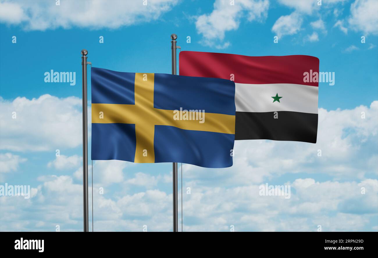 Syrian Arab Republic, Syria and Sweden flag waving together in the wind ...
