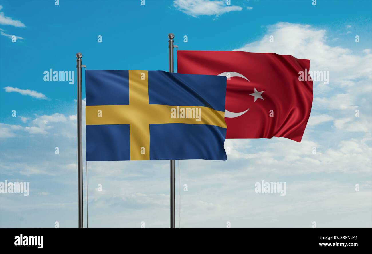 Republic of Turkey and Sweden flag waving together in the wind on blue ...