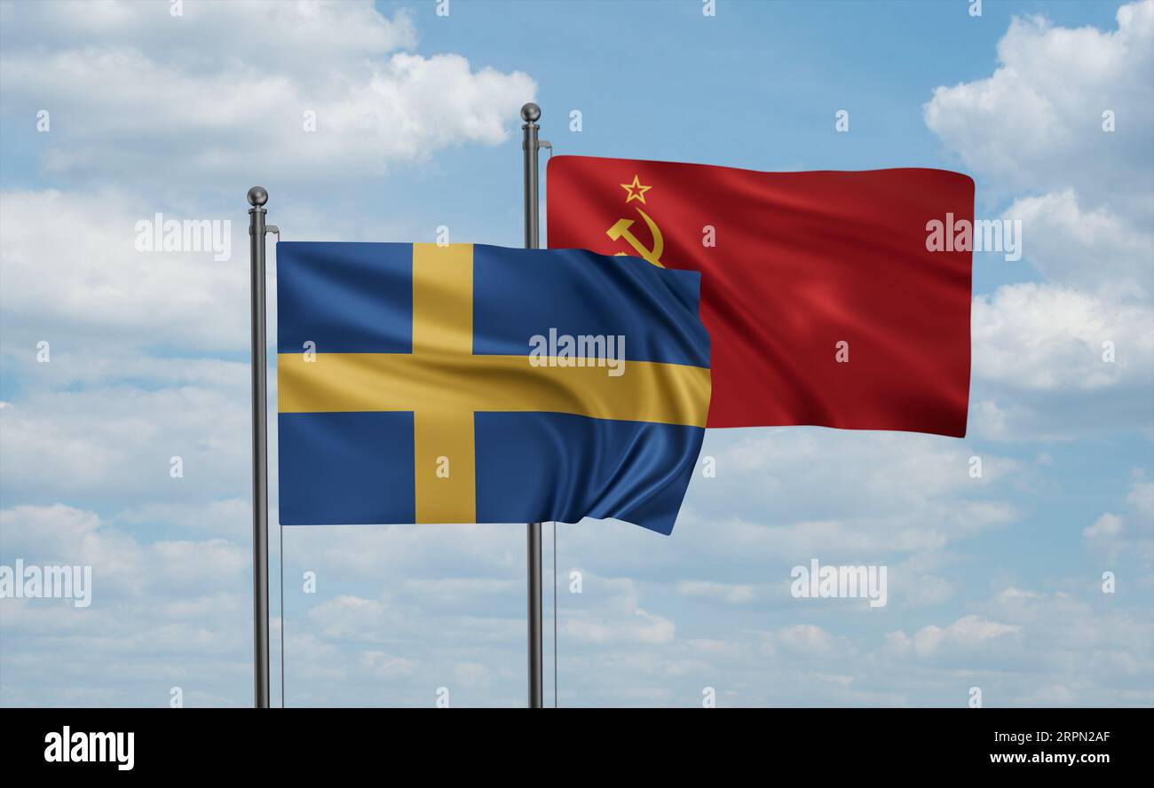 Soviet Union or USSR and Sweden flag waving together in the wind on ...