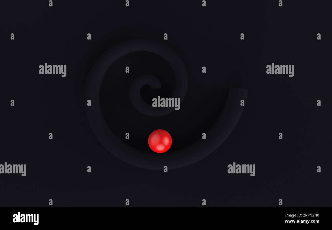 Abstract 3d shapes with bright red ball on dark gray background. A contrasting red dot in a dark ...