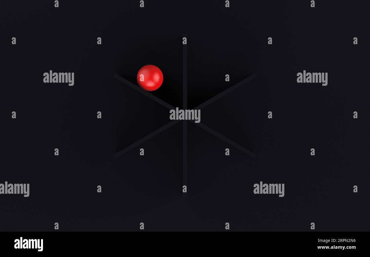 Abstract 3d shapes with bright red ball on dark gray background. A contrasting red dot in a dark ...