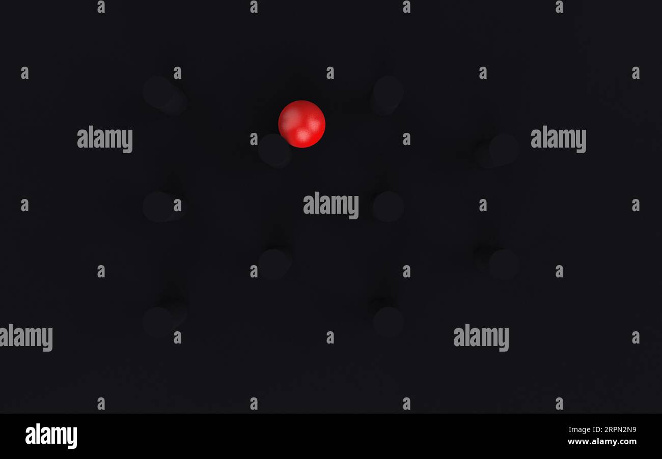 Abstract 3d shapes with bright red ball on dark gray background. A ...