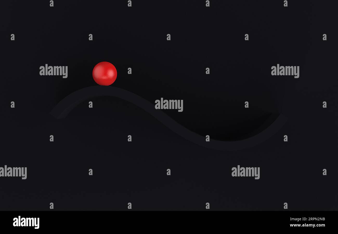 Abstract 3d shapes with bright red ball on dark gray background. A ...