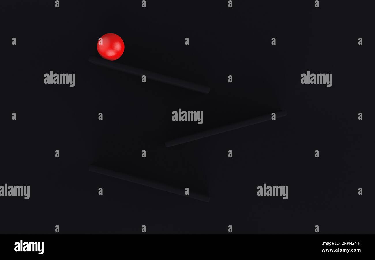 Abstract 3d shapes with bright red ball on dark gray background. A contrasting red dot in a dark ...