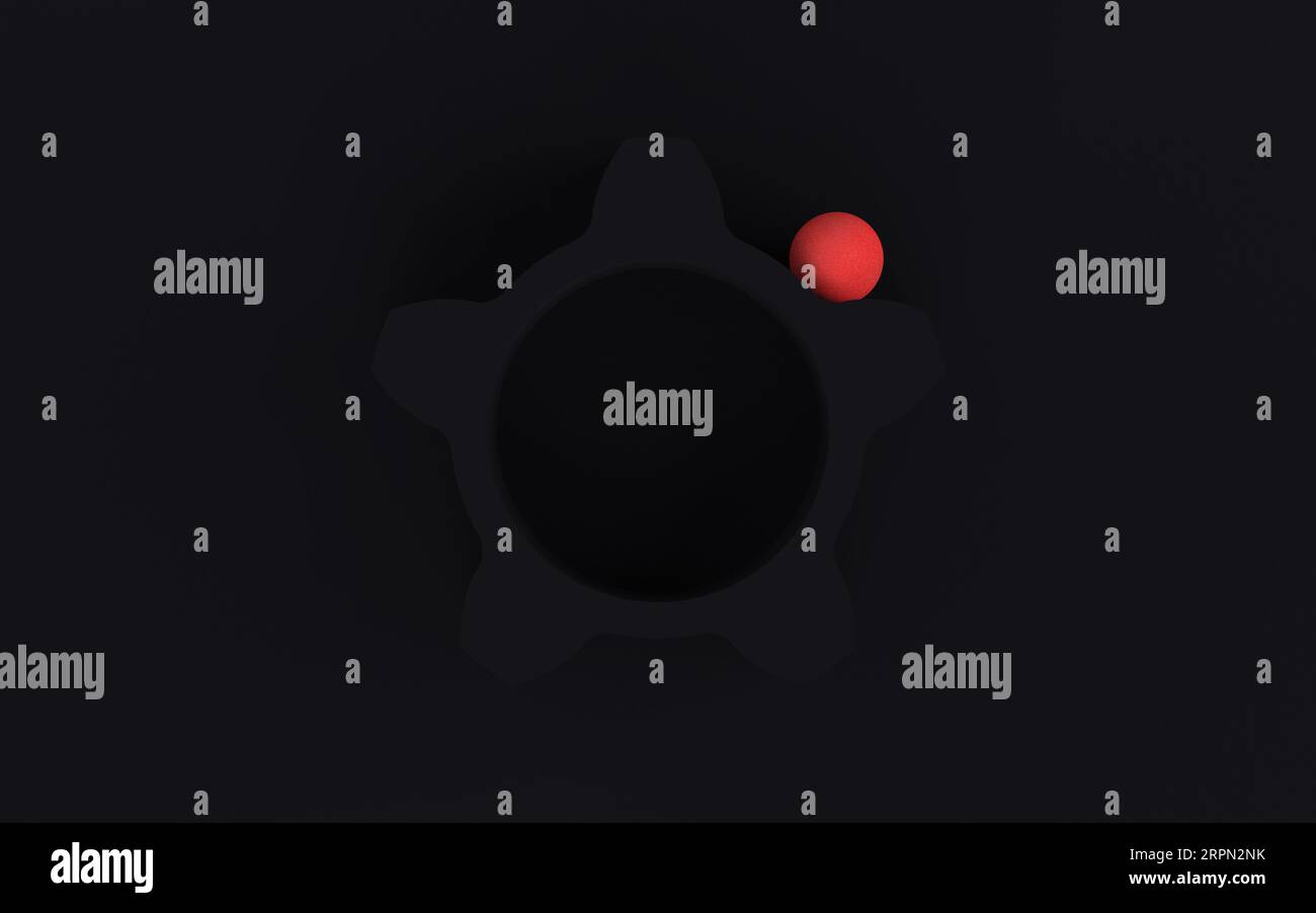 Abstract 3d shapes with bright red ball on dark gray background. A ...