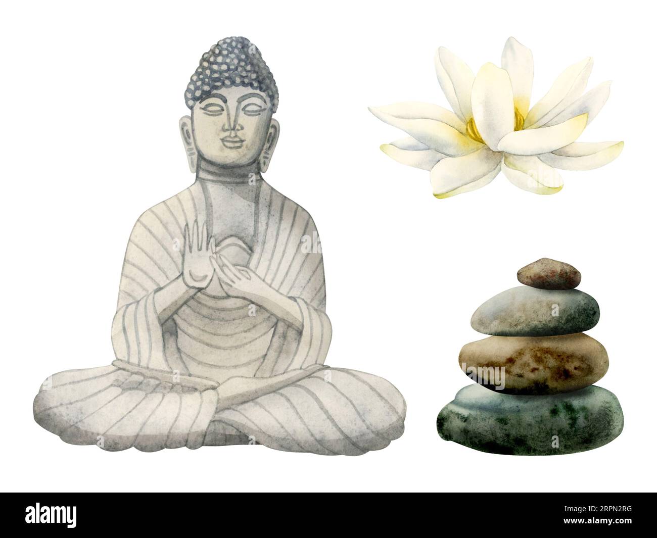 Watercolor Buddha illustration set with stone statue, balanced stones ...