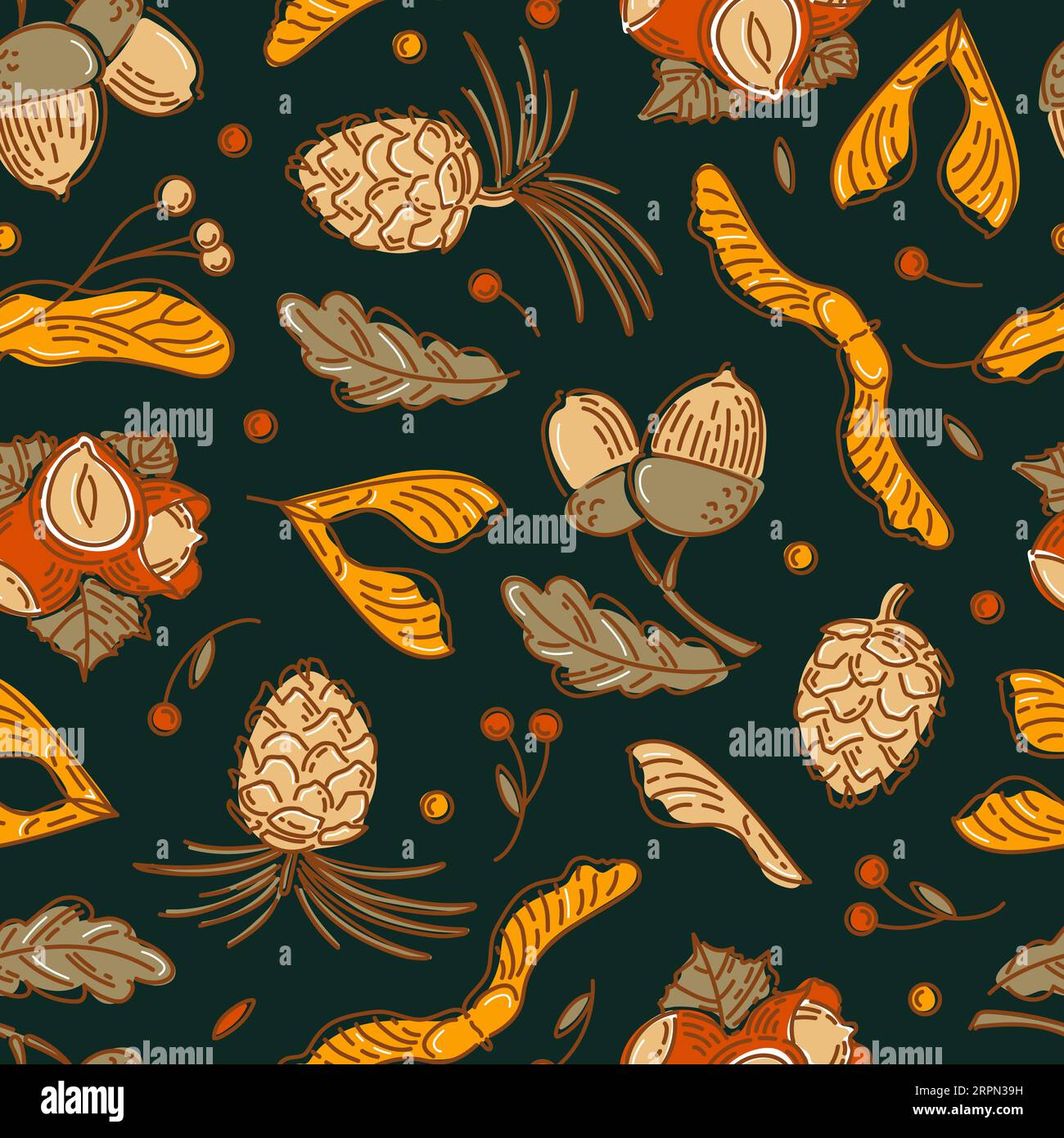 Hello, Autumn. Seamless pattern from nuts and seeds. Acorns with leaves ...