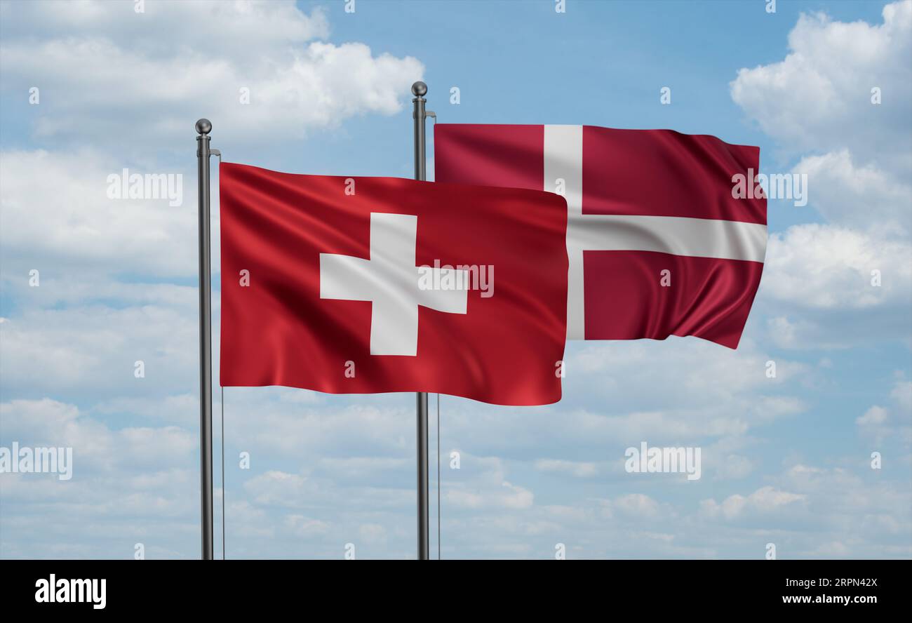 Denmark flag and Switzerland flag waving together on blue sky, two ...