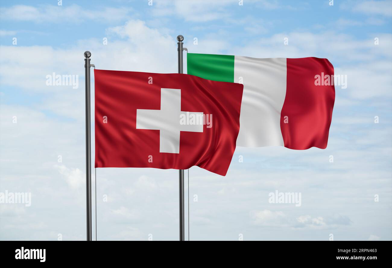 Italy and Switzerland flag waving together in the wind on blue sky, two ...