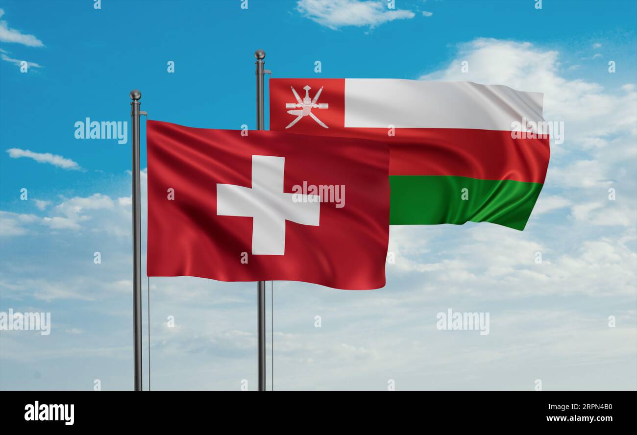 Oman and Switzerland flag waving together in the wind on blue sky, two ...