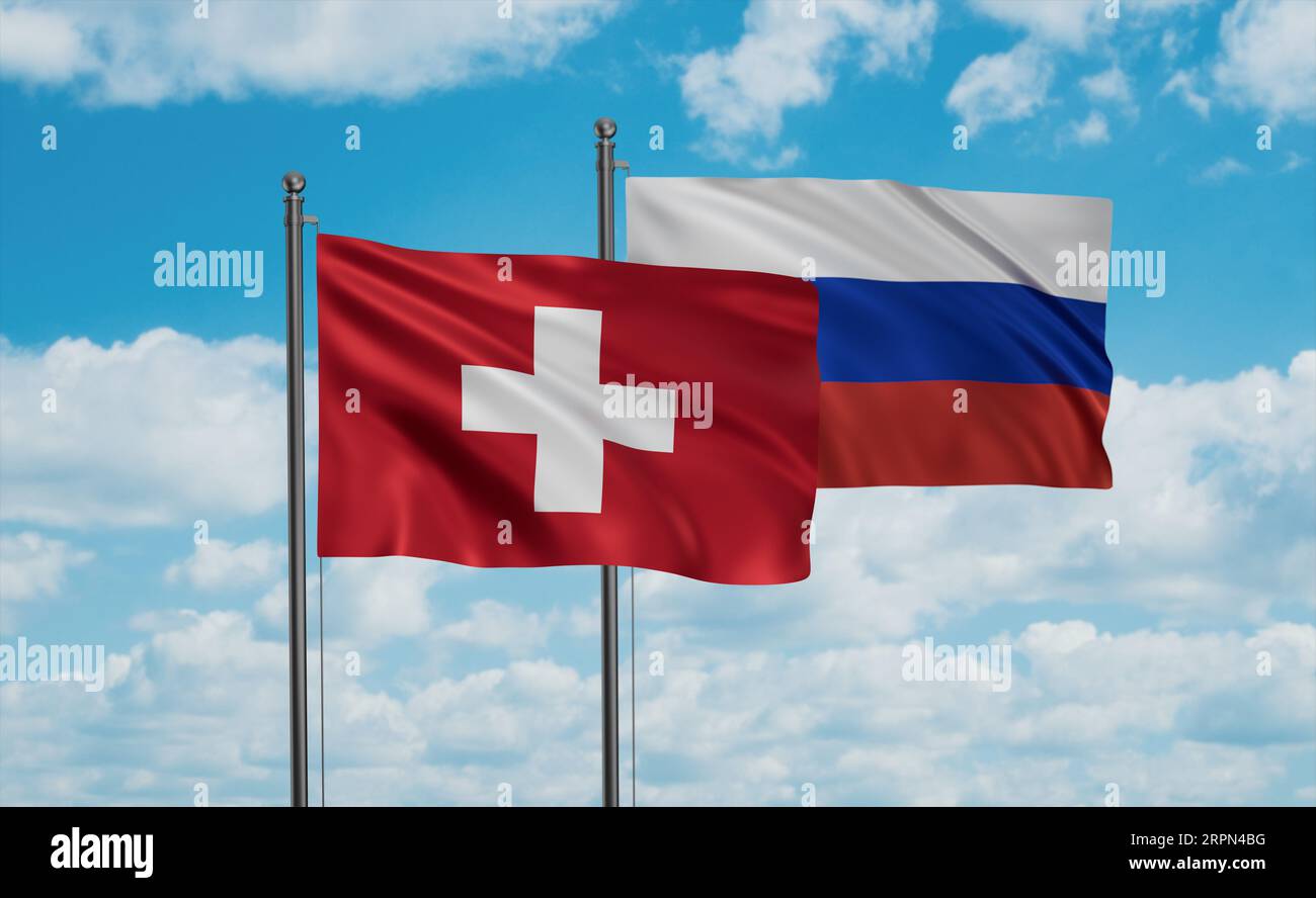 Russian Federation and Switzerland flag waving together in the wind on ...