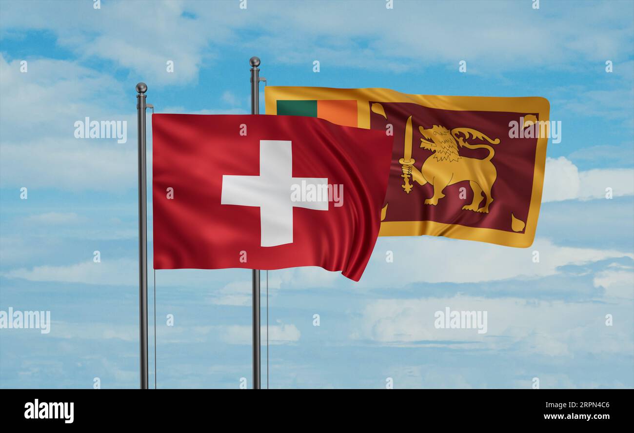 Sri Lanka and Switzerland flag waving together in the wind on blue sky ...