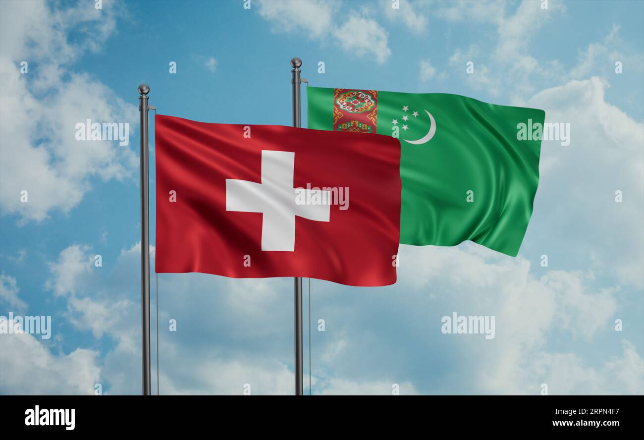 Turkmenistan and Switzerland flag waving together in the wind on blue ...
