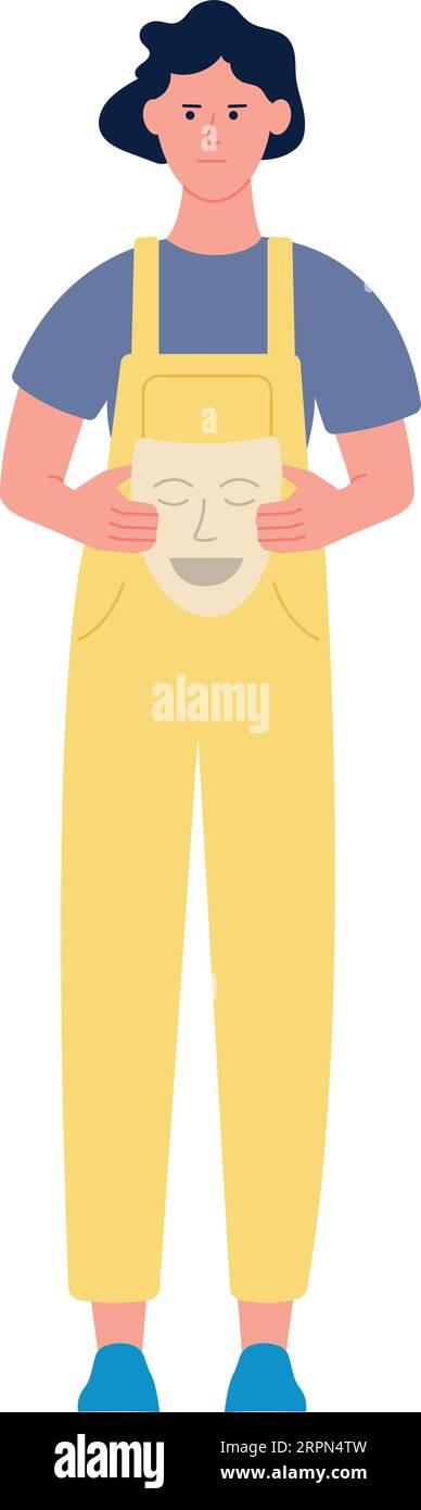 Woman with fake smile mask. Person hiding depression Stock Vector Image ...