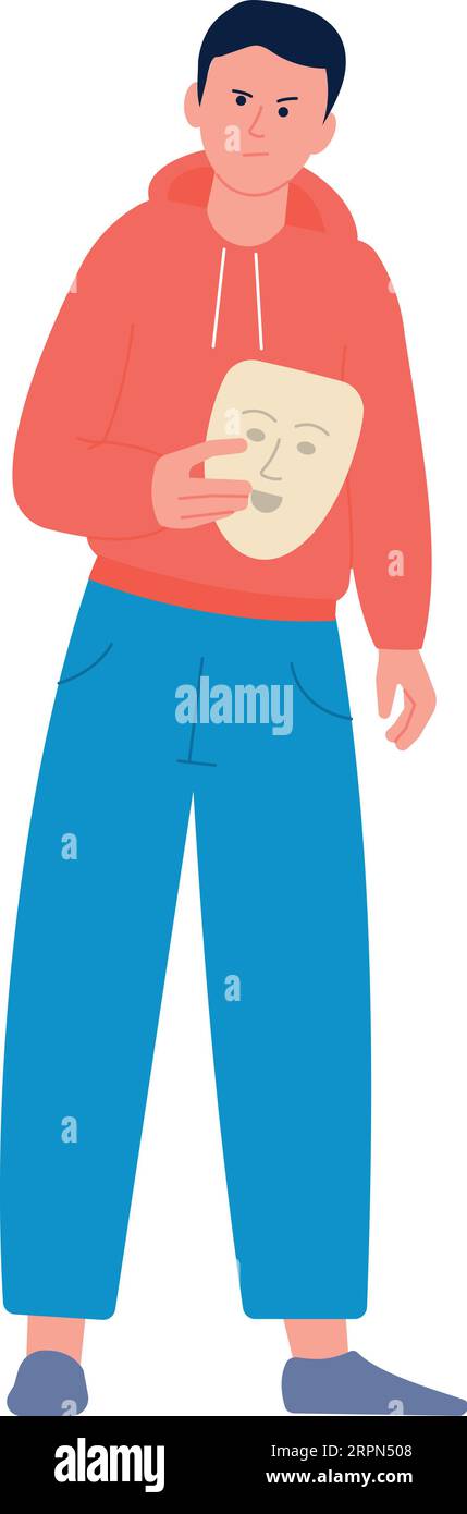 Depressed man pretend happy. Person hide real mood behind mask Stock ...