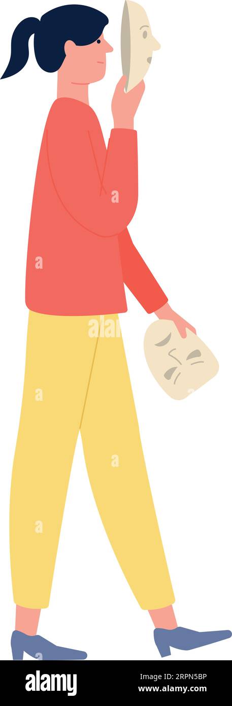 Woman with smiling mask. Social hypocrisy. Pretending emotion Stock ...