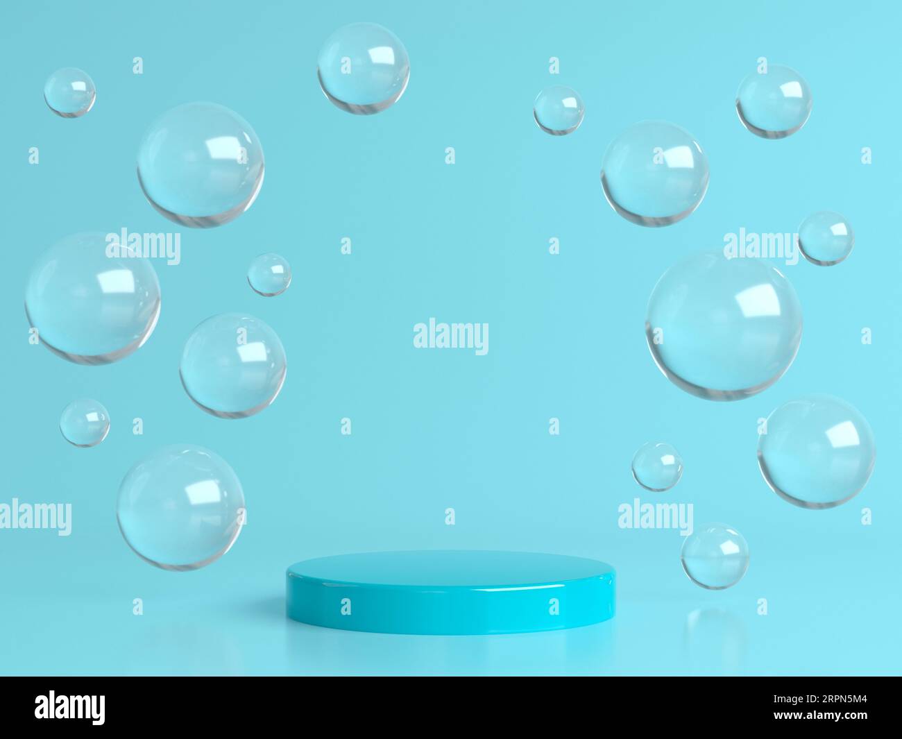 Blue round stage, pedestal or podium and water and glass bubbles or ...