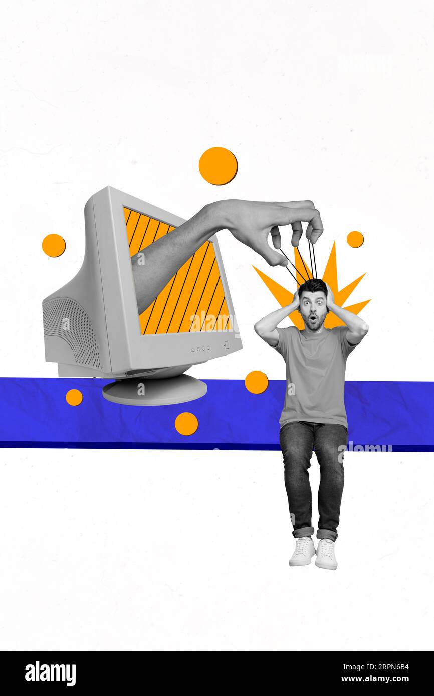 Creative graphics collage image of arm growing screen manipulating guy thoughts isolated white ...