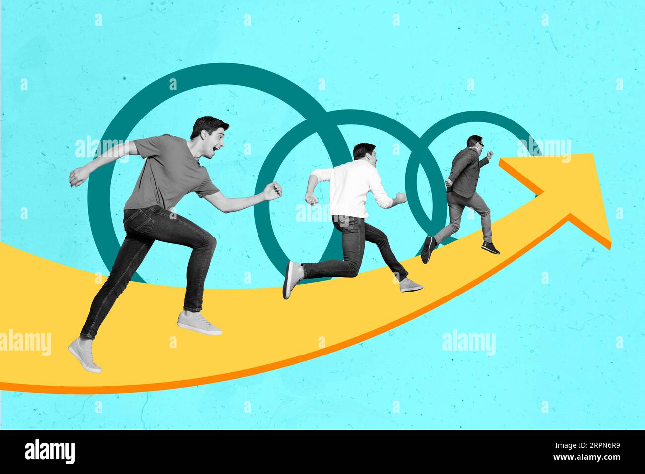 Collage artwork of funky purposeful guys running achieving success ...