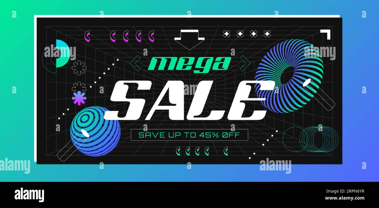 Retrofuturistic sale banner with abstract 3d wireframes geometry ...
