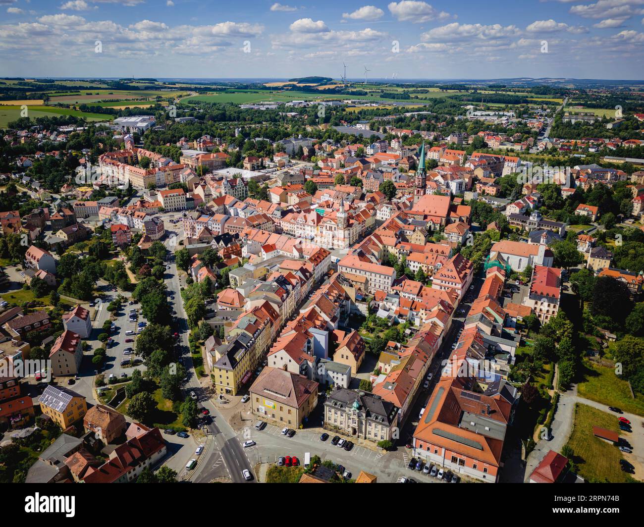 Aerial view of Loebau city centre. Loebau is a large district town in ...