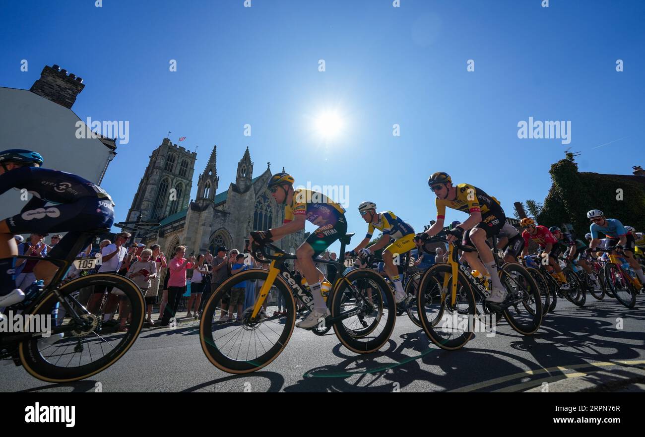 The peloton passes Howden Minster during stage three of the 2023 Tour ...