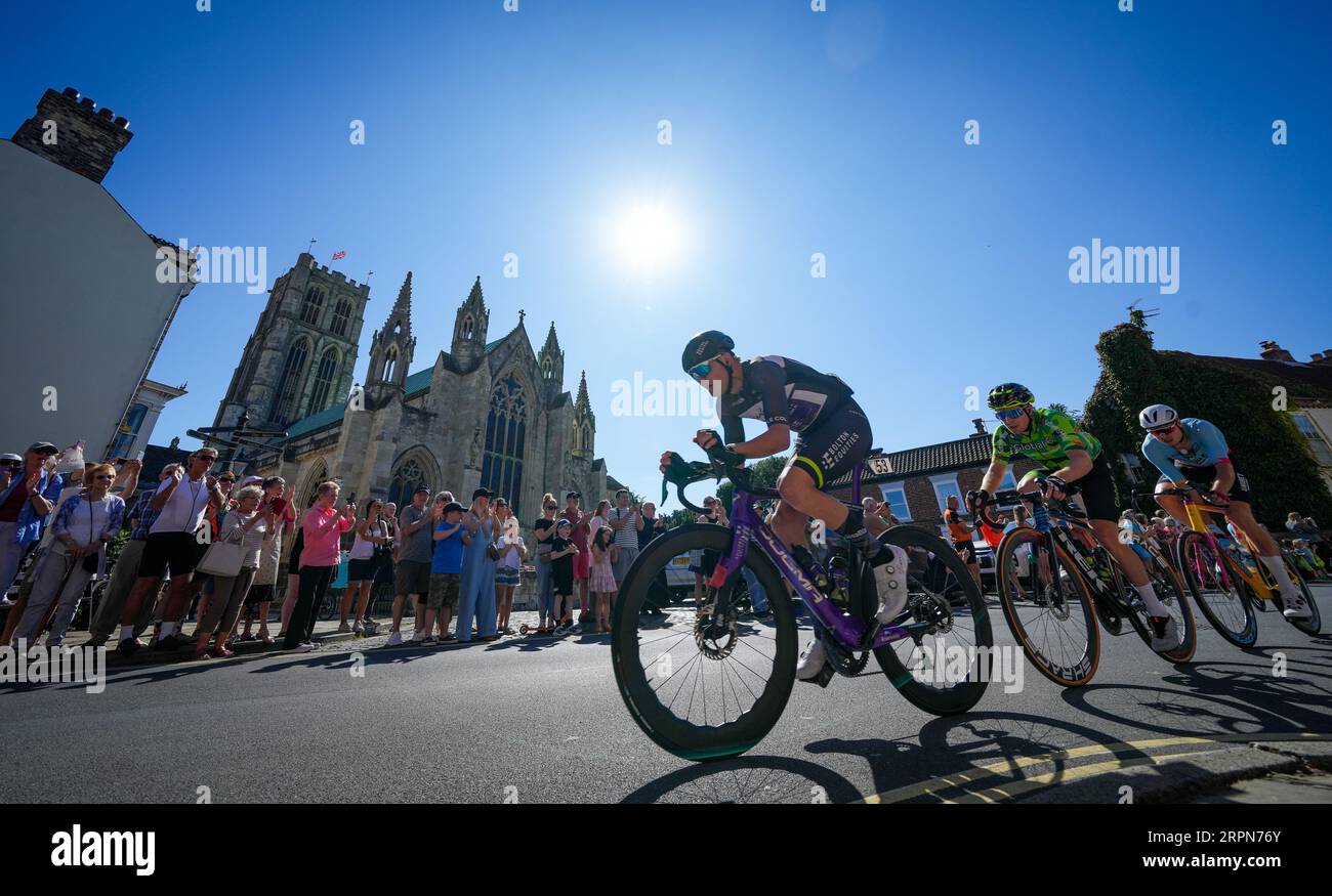 The race leaders pass Howden Minster during stage three of the 2023 ...