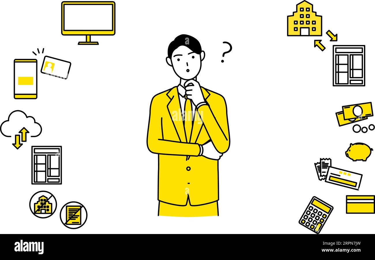 Tax accountant Man with questions, Icons for tax returns, tax payments ...