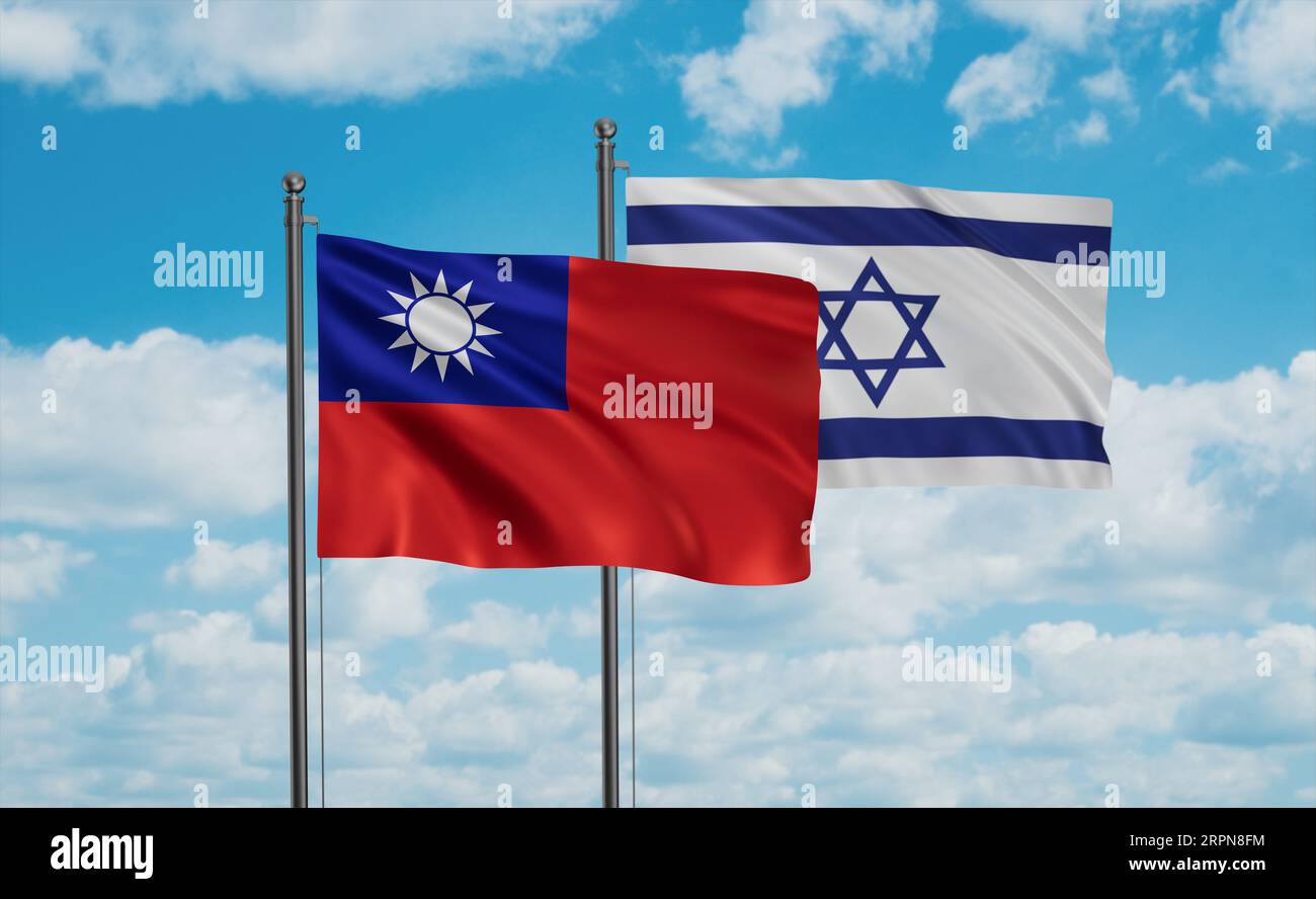 Israel flag and Taiwan flag waving together on blue sky, two country ...
