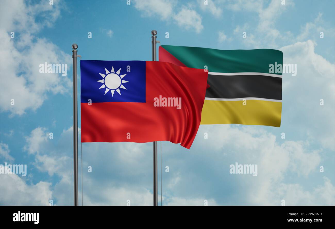 Namibia and Taiwan flag waving together in the wind on blue sky, two ...