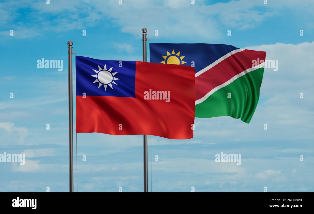 Namibia and Taiwan flag waving together in the wind on blue sky, two ...