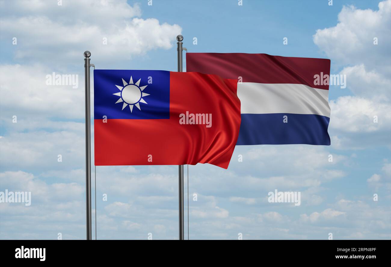 Netherlands flag and Taiwan flag waving together on blue sky, two ...