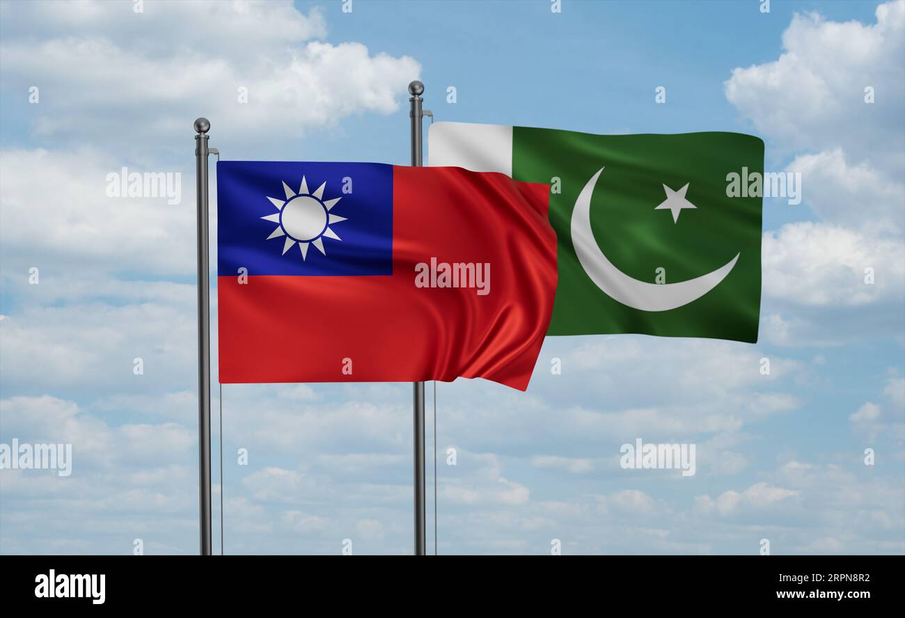 Pakistan flag and Taiwan flag waving together on blue sky, two country ...