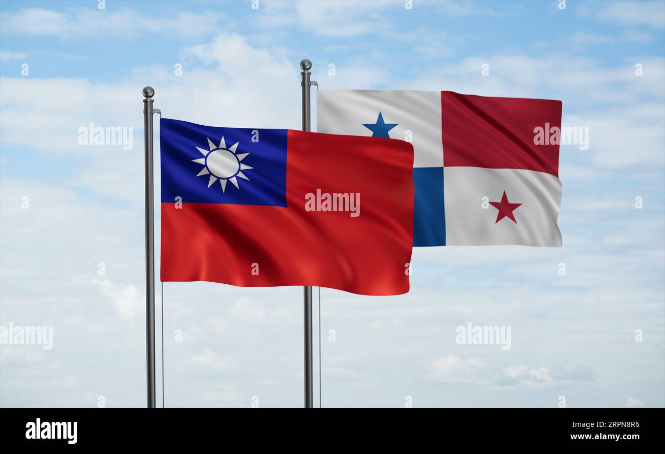 Panama flag and Taiwan flag waving together on blue sky, two country ...
