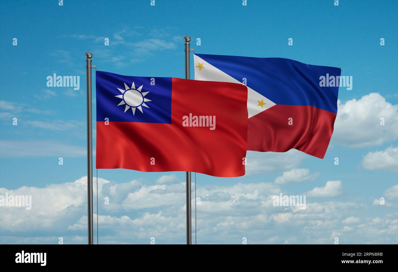 Philippines and Taiwan flag waving together in the wind on blue sky ...