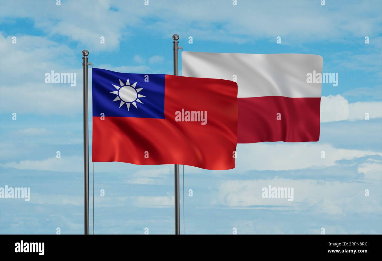 Poland and Taiwan flag waving together in the wind on blue sky, two ...
