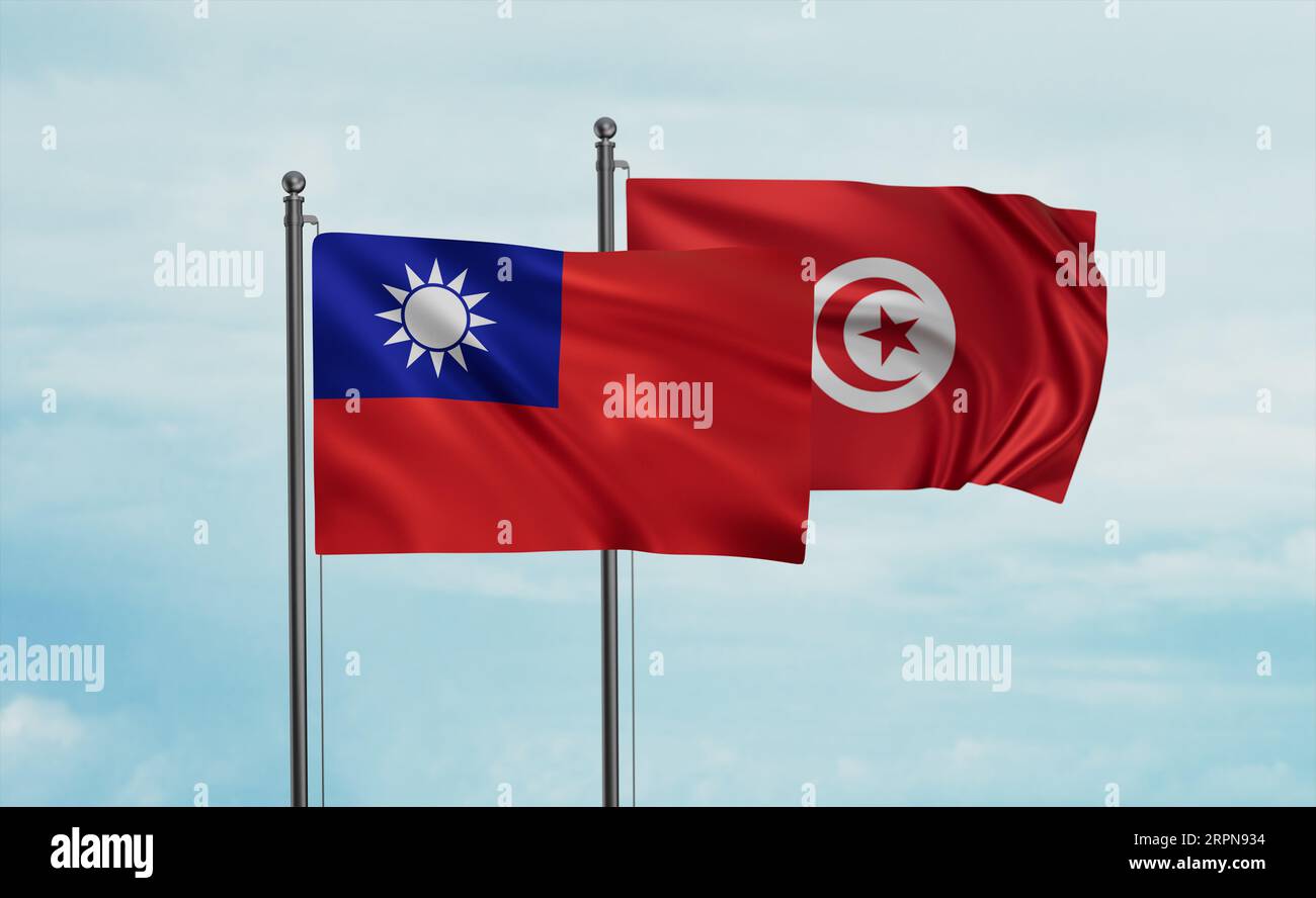 Tunisia and Taiwan flag waving together in the wind on blue sky, two ...