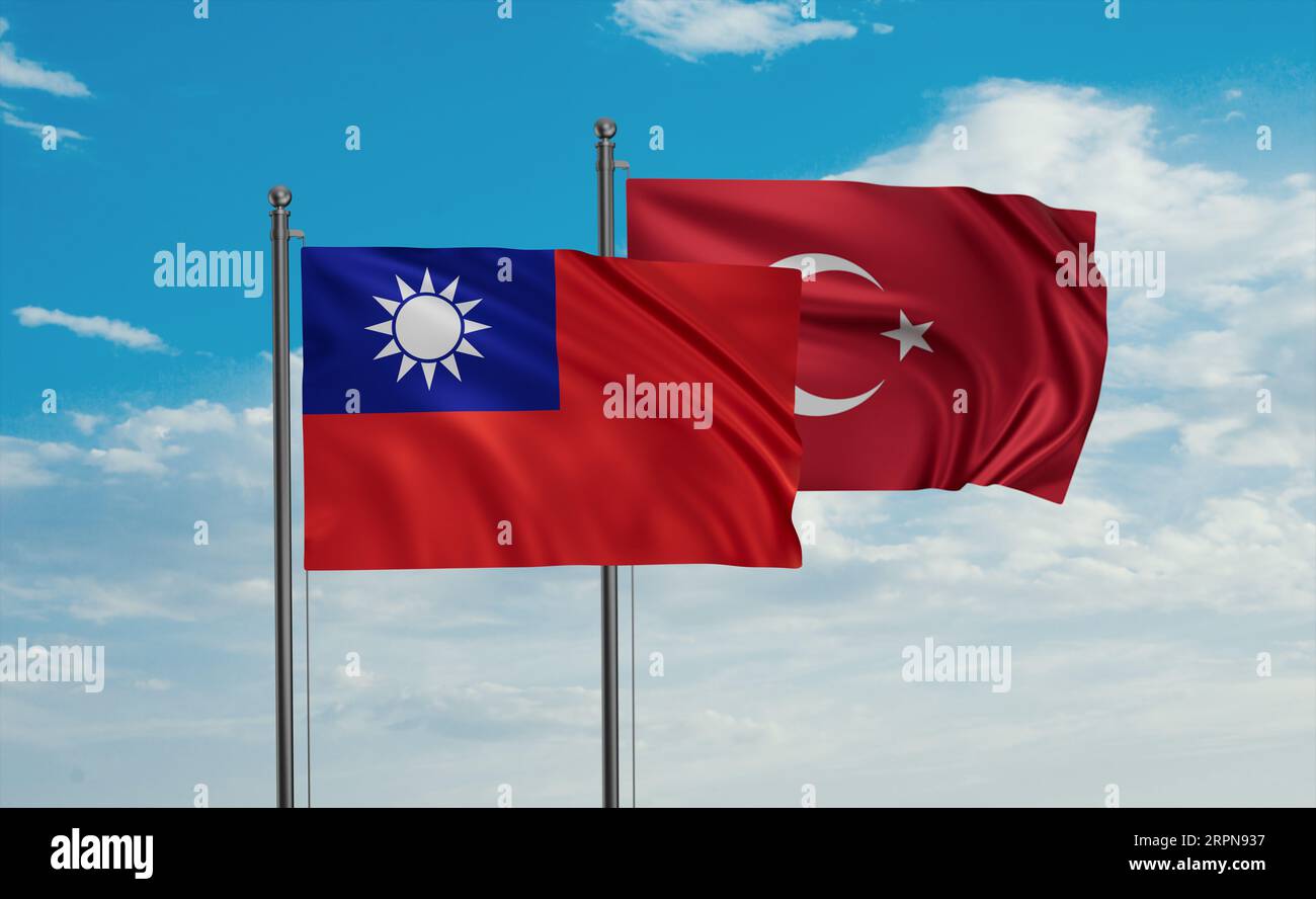 Republic of Turkey and Taiwan flag waving together in the wind on blue ...